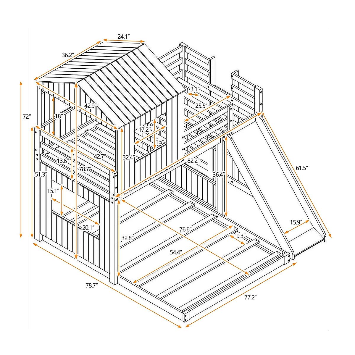 Harper & Bright Designs Twin Over Full Bunk Beds with House Shape, House Bunk Bed with Roof, Window & Slide, Twin Over Full Farmhouse Bed Frame for Kids Girls Boys Teens (Grey)