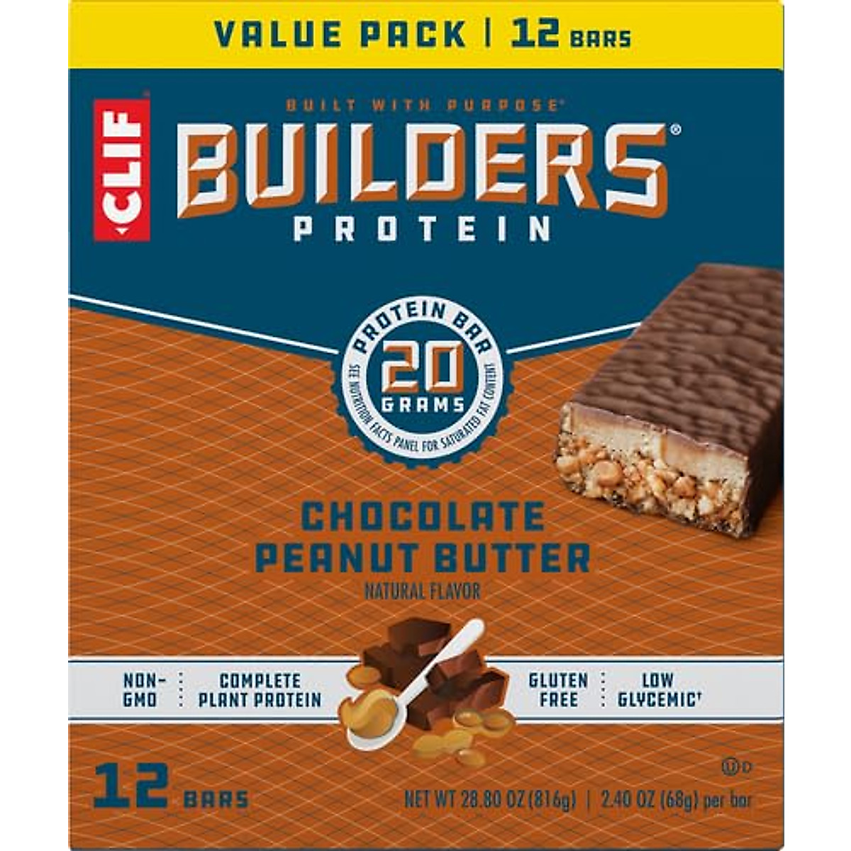 CLIF Builders - Chocolate Peanut Butter Flavor - Protein Bars - Gluten-Free - Non-GMO - Low Glycemic - 20g Protein - 2.4 oz. (12 Pack)