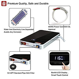 Tankless Water Heater Electric ECOTOUCH 9KW 240V on Demand Water Heater Self-Modulating Instant Hot Water Heater Point Of Use Water Heater ECO90 Black