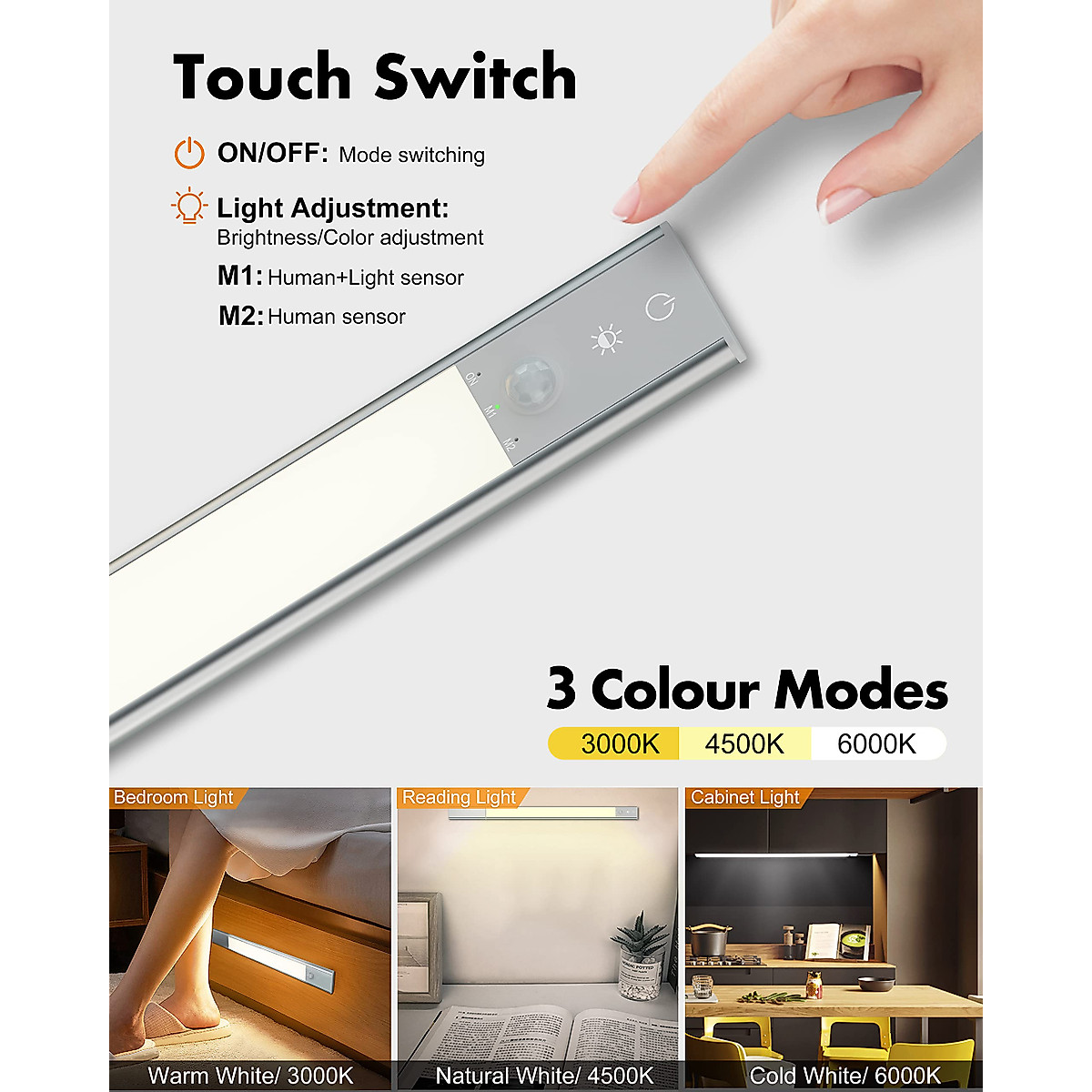 VIEYKEA Wireless Motion Sensor Under Cabinet Lighting with 3 Rechargeable Detachable Batteries, Kitchen Counter Light with Adjustable Color Temperature Dimmable Brightness for Closet(2 Pcs,13 in)