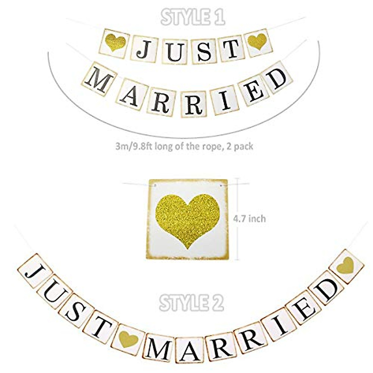 JUST MARRIED Banner Car Decorations, Gold Glitter Just Married Sign Garland for Bridal Shower Decorations, Photo Props and Car Decorations