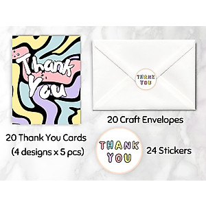 20 Pcs Cute Thank You Cards With Envelopes For Kids, Teens And Adults Colorful Tank You Notes Cards Blank Inside For All Occasions, Girls Birthday, Baby Shower, Party, Small Business, Sweet 16, With Stickers and Envelopes, 4.25x5.5
