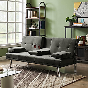 MWrouqfur 66" Modern Linen Fabric Sofa Bed Futon,Convertible Folding Sleeper Couch Bed with Cup Holders w/Removable Armrest,Loveseat Recliner Sofa for Living Room Apartment Office (Grey)