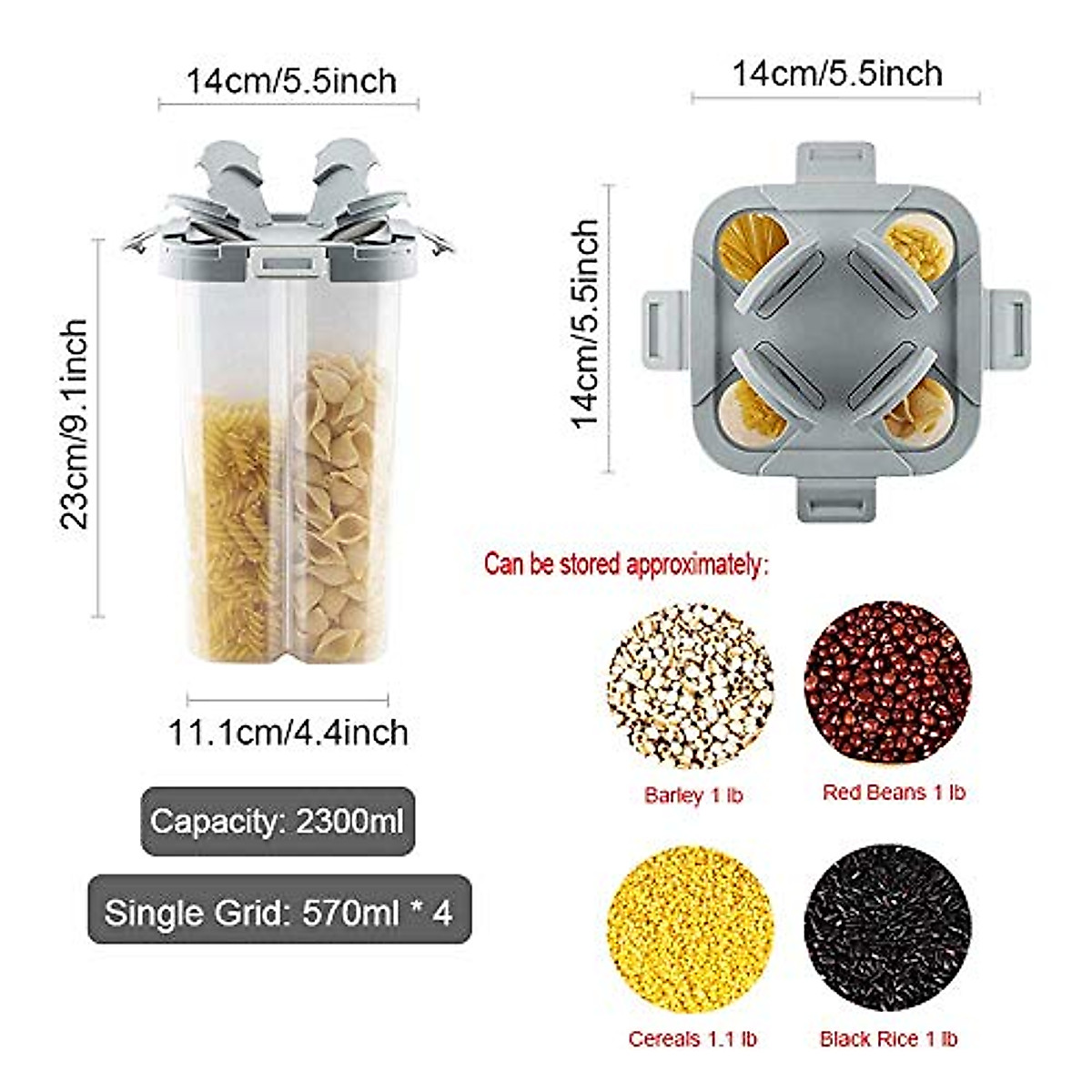 BIPEGE Airtight Cereal Storage Container, Clear 2.3L Airtight Kitchen Food Storage Container with Lids and Compartments for Grain, Sugar, Flour, Rice, Nuts, Snacks