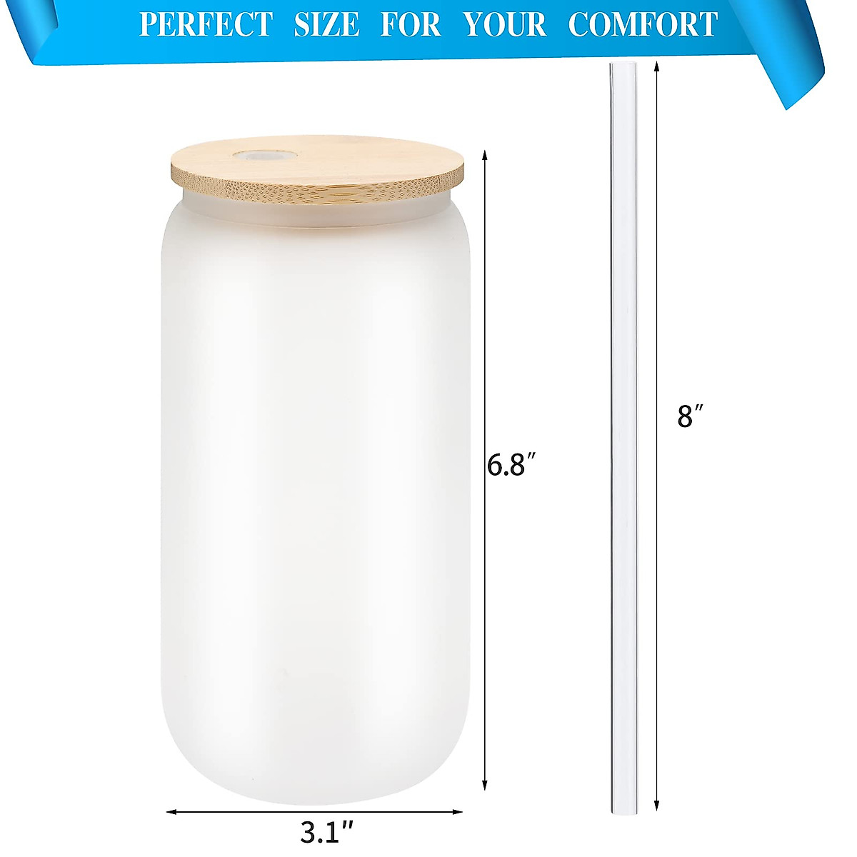8 Pack Sublimation Glass Cans Frosted Sublimation Beer Can Shaped Glass with Bamboo Lids Borosilicate Glasses Tumbler Mason Jar Cups Mug with Glass Straw for Beer, Juice, Iced Coffee, Drinks 20oz