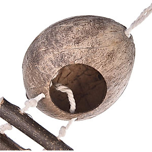 Natural Coconut Shell with Wood Ladder Bird Breeding Nest Bed Perch Swing Toy for Parrot Budgie Parakeet Cockatiel Conure Lovebird Canary Finch Small Parrot Hamster Rat Chinchilla Cage