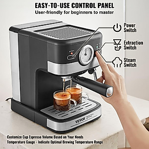 VEVOR Espresso Machine, 15 Bar Semi-Automatic Espresso Maker with Milk Frother Steam Wand for Latte and Cappuccino, Professional Coffee Maker with Temp Gauge & Removable Water Tank, NTC Control System