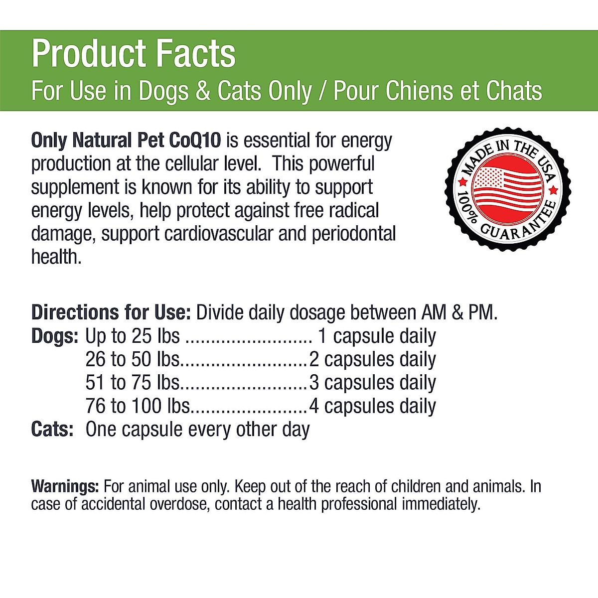 Only Natural Pet CoQ10 for Dogs & Cats, Heart and Cardiovascular Health Support, Coenzyme Q10 Ubiquinone - 90 Capsules