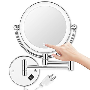 AMZNEVO Wall Mounted Lighted Makeup Mirror, 8 Inch Double-Sided 1X 5X Magnifying Mirror for Bathroom, 11'' Extendable Arm, 360° Swivel, Touch DimmableLED Lights, Powered by Plug in, Chrome
