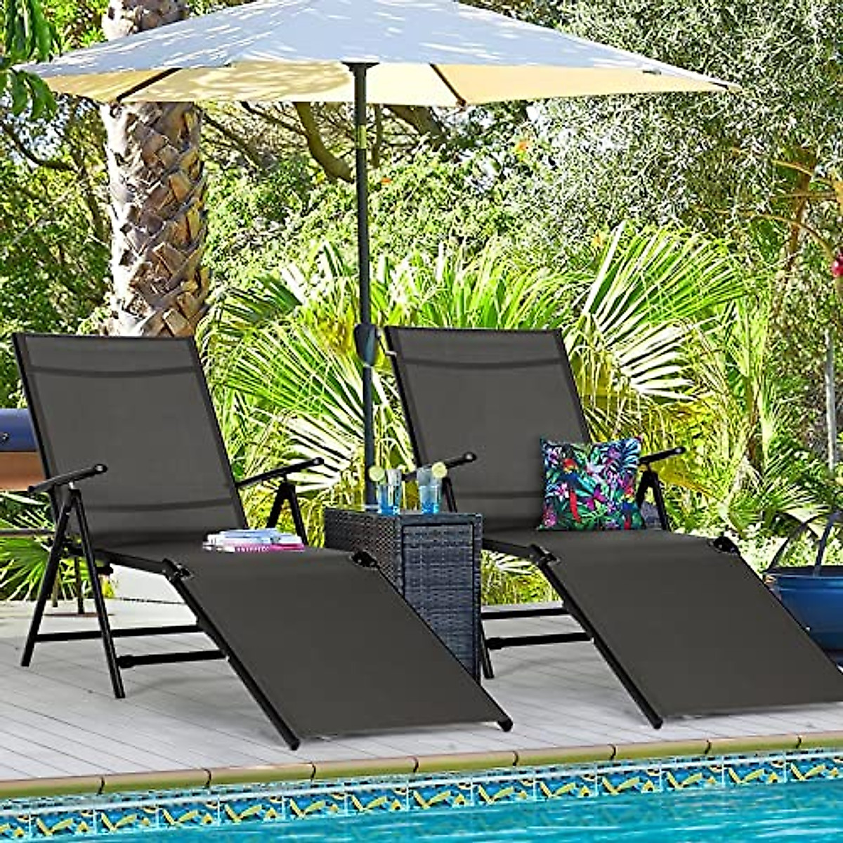 AECOJOY Outdoor Lounge Chair, Adjustable Reclining Folding Pool Lounger with 7 Back & 2 Leg Adjustable Positions, Chaise Lounge for Outside Patio, Poolside,Deck, Black