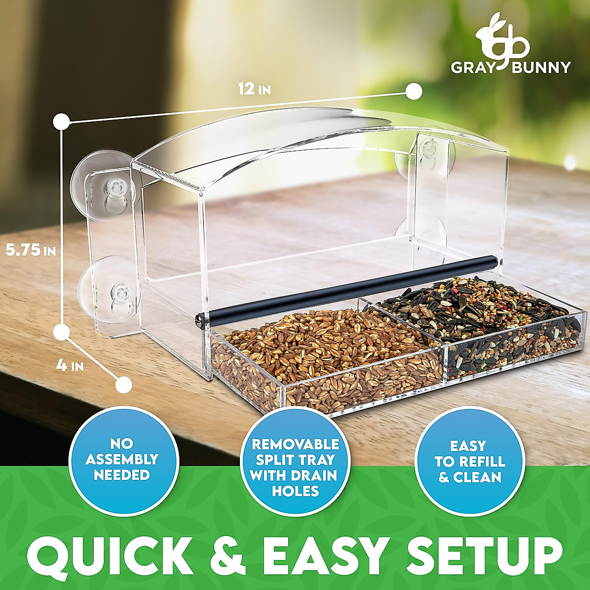 Gray Bunny Window Bird Feeder with Strong Suction Cups, Modern Window Bird Feeders for Outdoors Viewing, Clear Transparent Squirrel Proof Birdfeeder, Drain Holes, Removable Tray, Large Seed Capacity