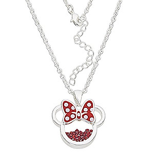 Disney Jewelry for Women and Girls Minnie Mouse July Birthstone Ruby Red Cubic Zirconia Shaker Pendant Necklace, Silver Plated, 18+2" Extender