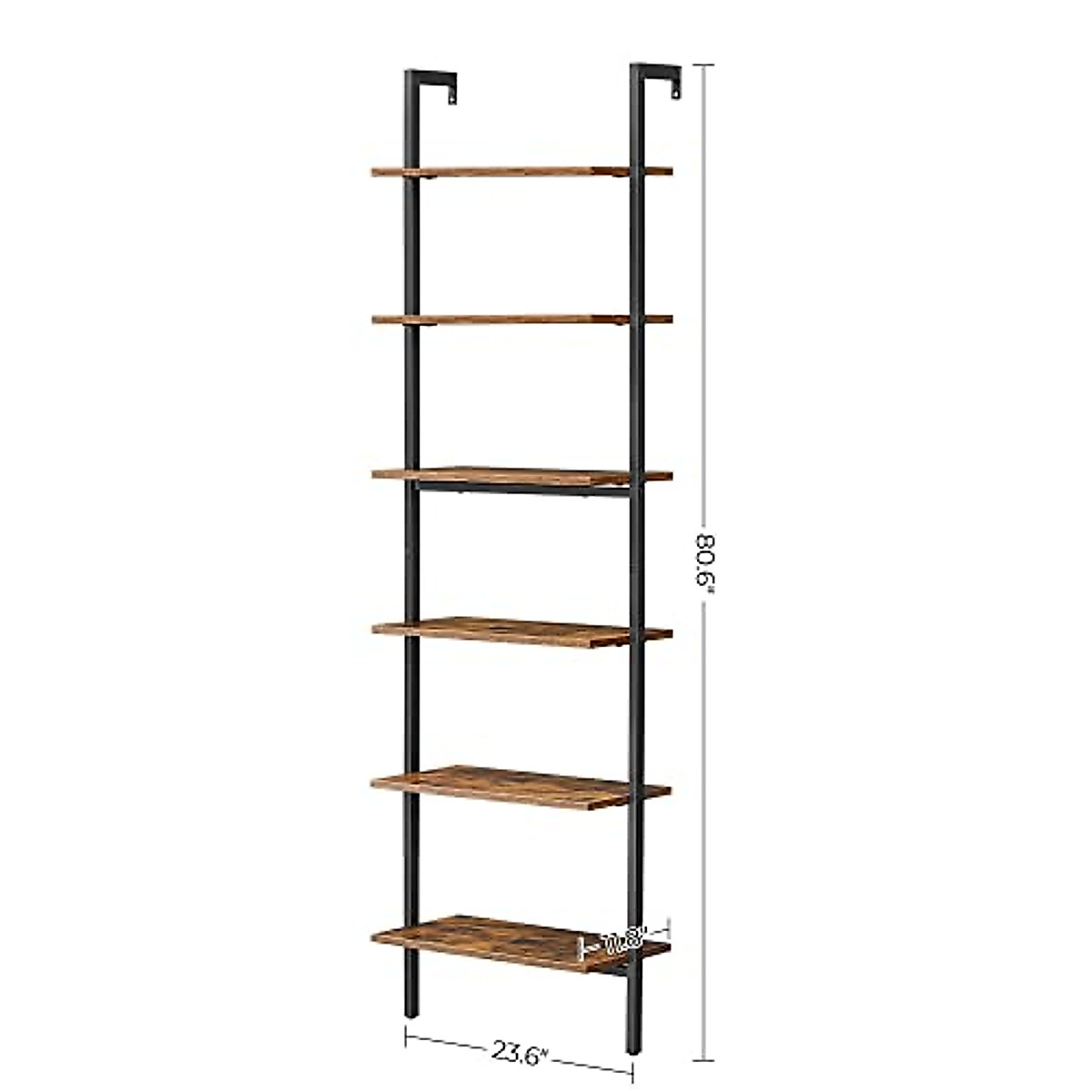 VASAGLE Industrial Ladder Shelf, 6-Tier Bookshelf, Wall Shelf for Living Room, Office, Kitchen, Bedroom, 23.6 x 11.8 x 80.6 Inches, Rustic Brown and Black ULLS103B01