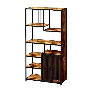 Wetiny Bookcase with Glass Door, 5-Tier Ladder Bookshelf with Cabinet, Bedroom, Living Room, Industrial Furniture, Small Office/Home Office, Black…