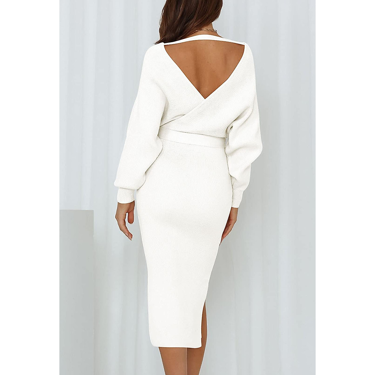 Pink Queen Womens V Neck Sweater Wrap Dresses Batwing Sleeve Elegant Holiday Bodycon Slit Maxi Knit Dress Belted White L