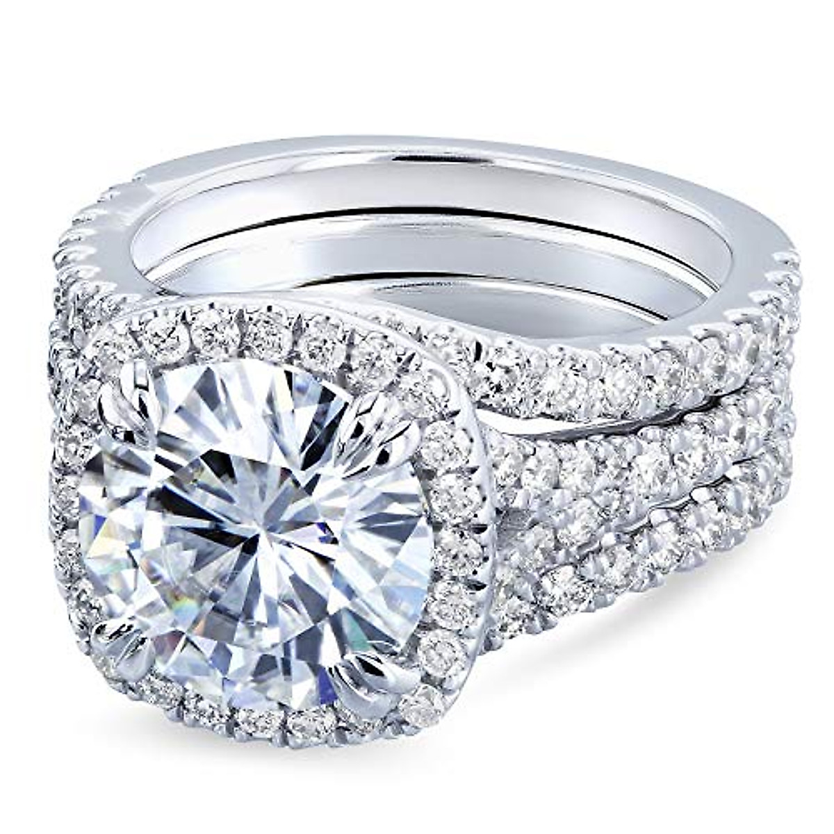Kobelli Round Forever One D-F Moissanite Cushion Halo Bridal Wedding Set 4 1/3 CTW 14k White Gold 3 Piece Set, 6.5