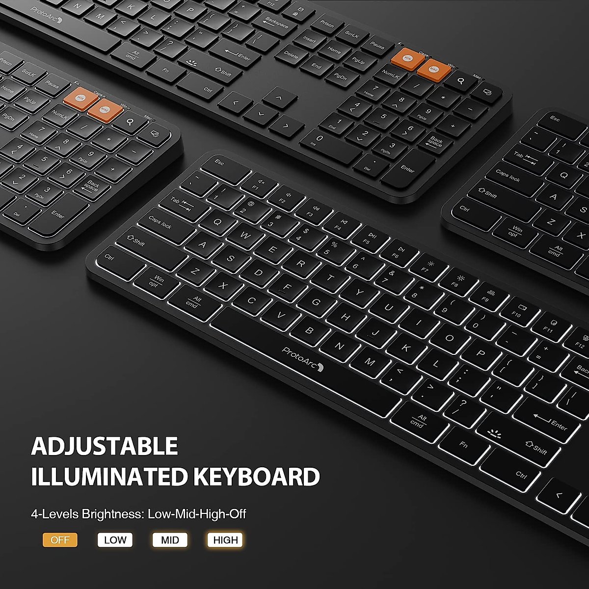 ProtoArc Backlit Wireless Keyboard, K100 2.4G Ultra Slim Wireless Illuminated Keyboard Full Size Silent Keyboard, Rechargeable, USB/Type C Connection, Natural Typing, Windows/Mac(Black)
