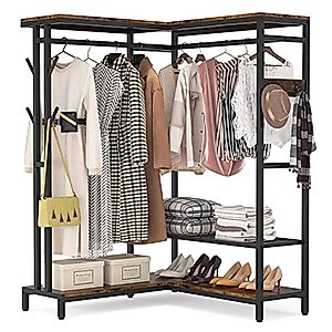 Tribesigns Corner Clothes Rack, L Shape Garment Rack with Double Rod and Shelves, Freestanding Closet Organizer Hanging Clothing Rack Wardrobe Storage Closet for Bedroom, Rustic Brown
