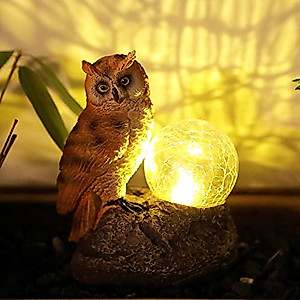CORIETTA Solar Garden Statue Outdoor Decor,Owl Standing On The Stone,Beside A Cracked Glass Ball with Warm Light,Polyresin Statue for Patio, Lawn, Yard Art Decoration, Housewarming Garden Gift
