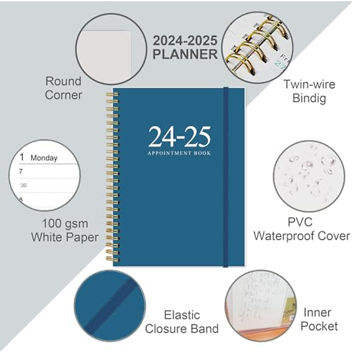 2024-2025 Appointment Book & Planner - A5 2024-25 Daily Hourly Planner from July 2024 - June 2025, Weekly Appointment Book with 30-Minute Interval, Medium 6.4" x 8.5", Dark Blue