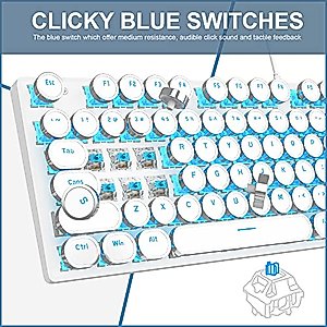 Camiysn Typewriter Style Mechanical Gaming Keyboard, White Retro Punk Gaming Keyboard with Blue Backlit, 104 Keys Blue Switch Wired Cute Keyboard, Round Keycaps for Windows/Mac/PC