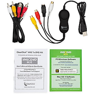 ClearClick VHS to DVD Kit for PC & Mac - USB Device, Software, Instructions, & Tech Support - Capture Video from VCR, VHS, Hi8, Camcorders, Gaming Systems