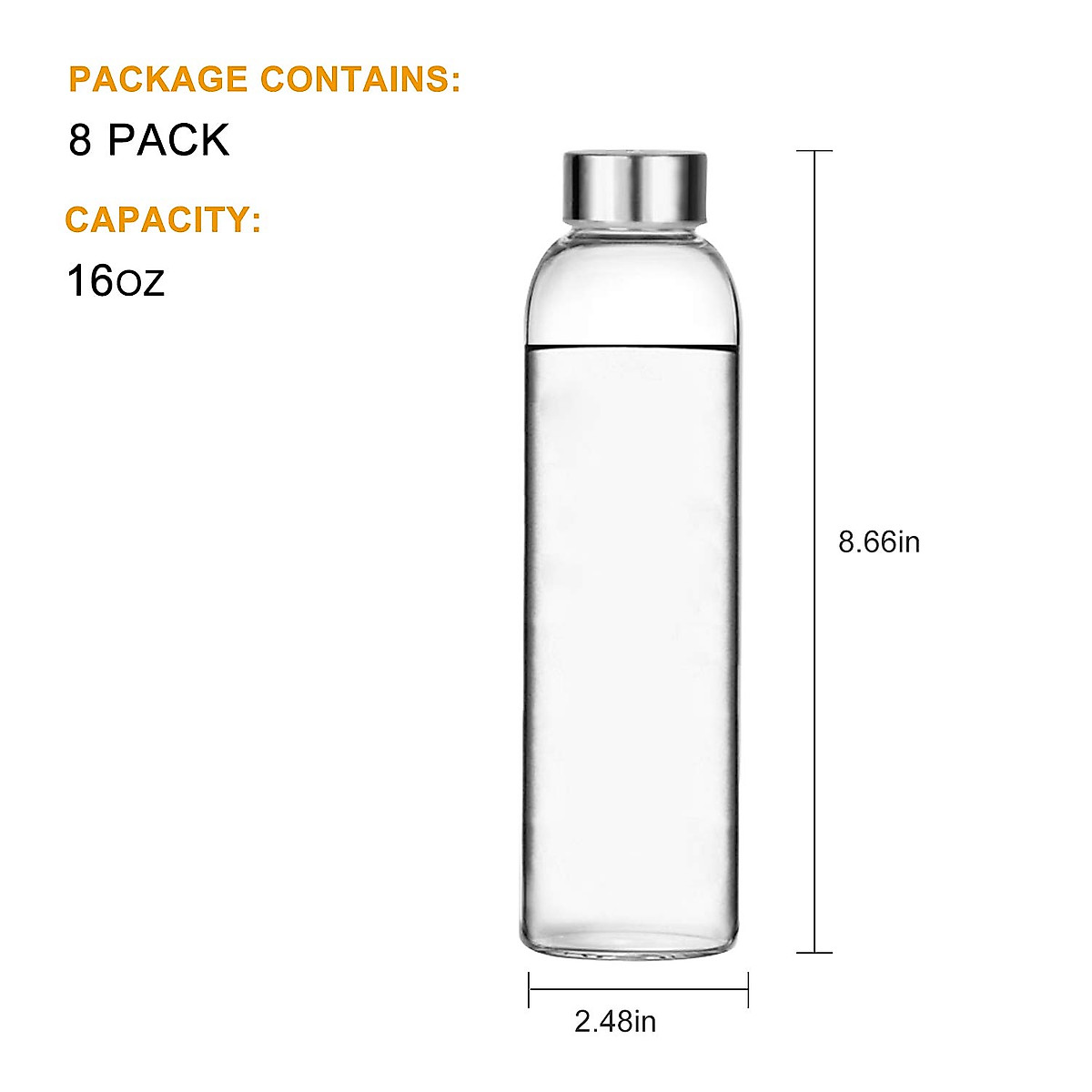Encheng Glass Water Bottles, Glass Beverage Bottles 16oz,Drinking Bottles With Leakproof Stainless Steel Cap 500ml,Reusable Juice Bottles Beverage Drinkware,To Go Travel Bottles For Drink,Sauce 8Pack