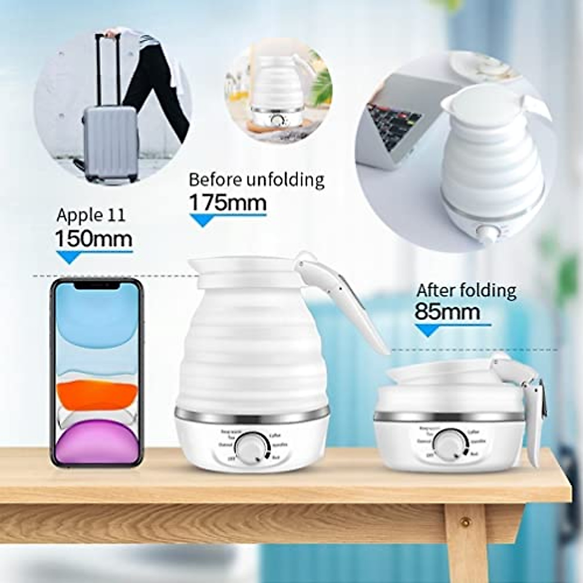 600ml Food Grade handle foldable constant temperature mini kettle water boiler portable hot water electric kettle 120V US plug