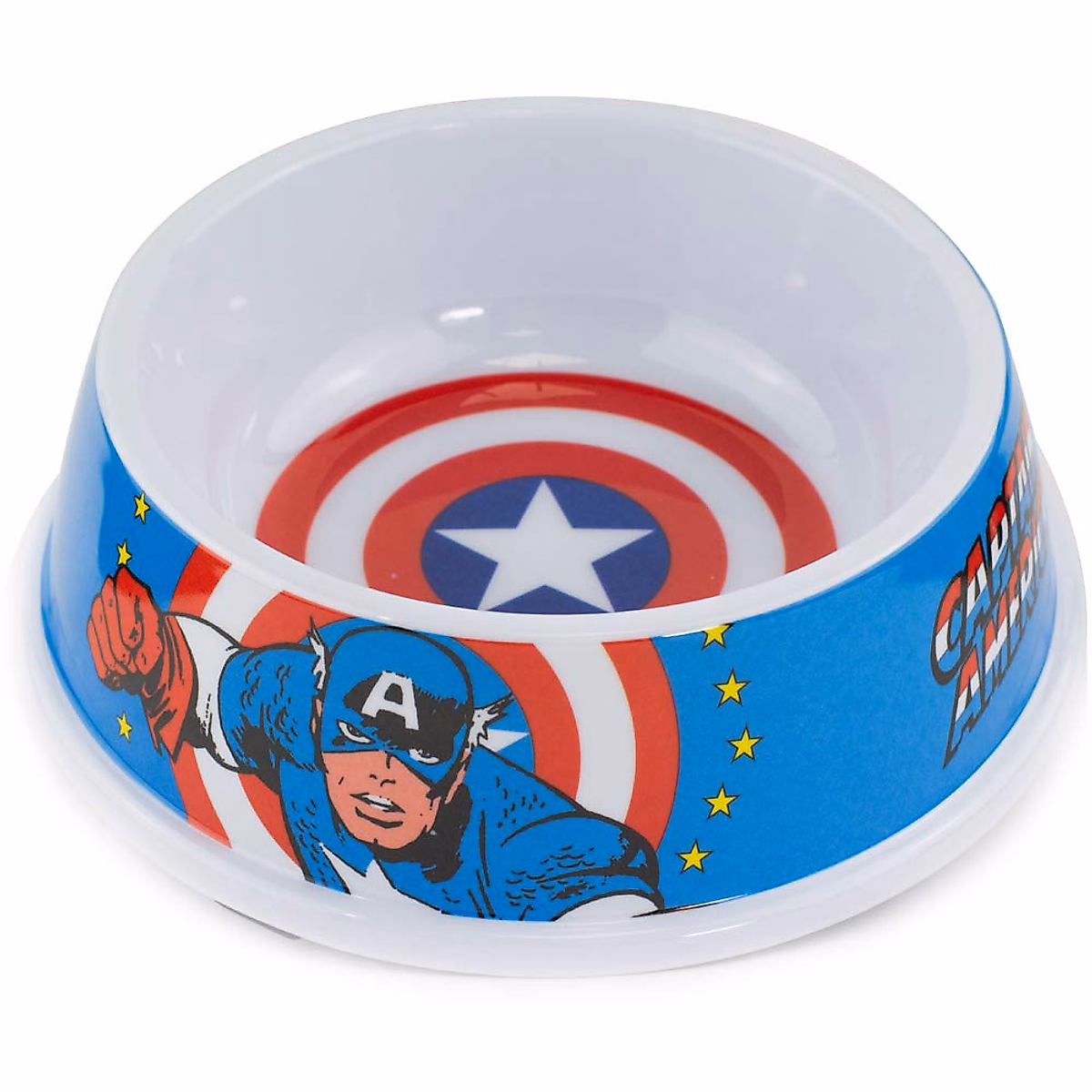 Buckle-Down Dog Food Bowl Captain America Shield Action Pose Blue Red White 16 Ounces, 8.2" x 8.2", (PBWL1-MLM-7.5-CABB)