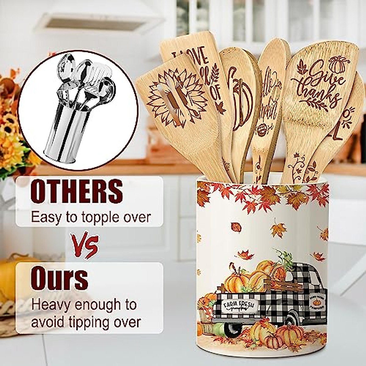 pinata Fall Kitchen Decor, Kitchen Utensil Holder for Countertop, Truck Pumpkin Kitchen Cooking Utensils Set with Holder, Kitchen Utensil Organizer with Bamboo Utensils(5.12" x 5.12" x 6.3")