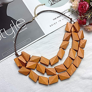 Coiris 3 Layers Big Faceted Wood Beaded Strand Statement Necklace for Women Chunky Collar (N0018-Light Brown)