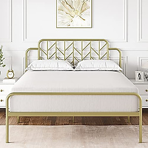 IDEALHOUSE Gold Full Size Platform Bed Frame with Headboard and Footboard, 12.6 Inches Metal Mattress Foundation for Storage, No Box Spring Needed, Easy Assembly, Modern Design, Branch