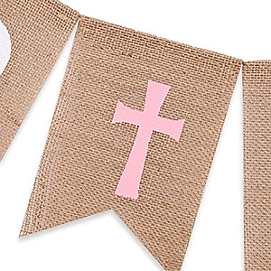 WAWOO God Bless Banner - First Communion Decoration, Baptism Decor,God Bless Decoration,Photo Props Crosses,1st Communion Party (Pink GOD Bless)