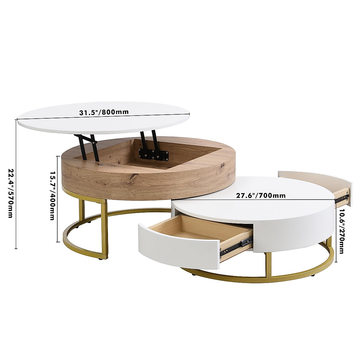 Modern Lift-top Coffee Table for Living Room, Set of 2 Round Nesting Coffee Table, Center Table with 2 Drawers, Suitable for Living Room and Office (Oak Natural Wood + Antique White)