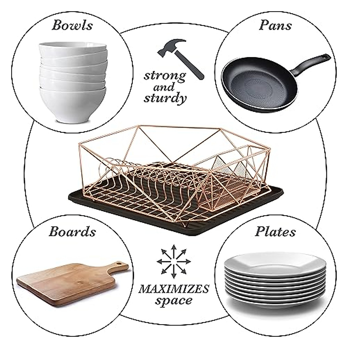 Kitchen Details Copper Geode Deluxe Dish Drying Rack with Drain Board | Cutlery Basket | Utensil Holder | Iron Frame