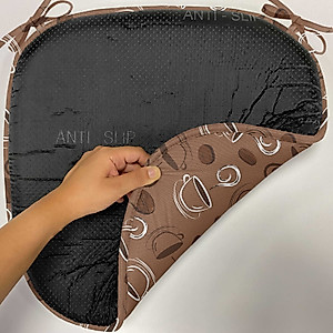 Lunarable Coffee Chair Seating Cushion Set of 2, Cup of Espresso Silhouettes with Beans Caffeine Source Gourmet Drinks Illustration, Anti-Slip Seat Padding for Kitchen & Patio, 16"x16", Brown White