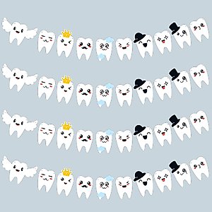 4 Pieces Tooth Banner Decorations 1st Tooth Banner Garland for Dental Graduation Birthday Party Baby Shower Decor