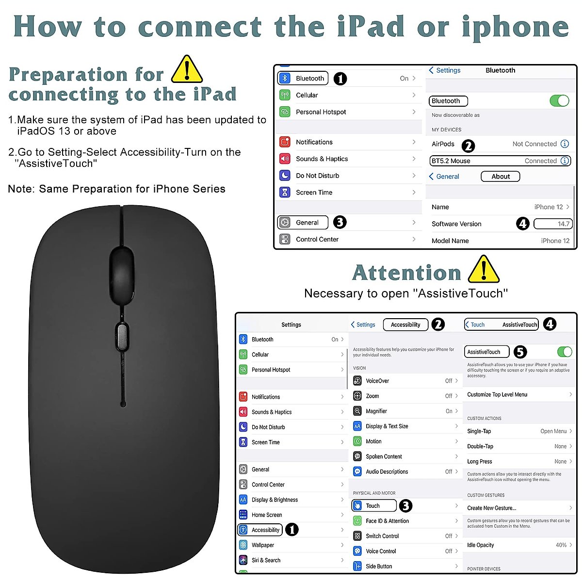 UrbanX 2.4GHz & Bluetooth Mouse Rechargeable Wireless Mouse for Amazon Fire HD 10/ Plus/Max 11 & All Kindle Devices Wireless Mouse for Laptop/PC/Mac/iPad pro/Computer/Tablet/Android -Black