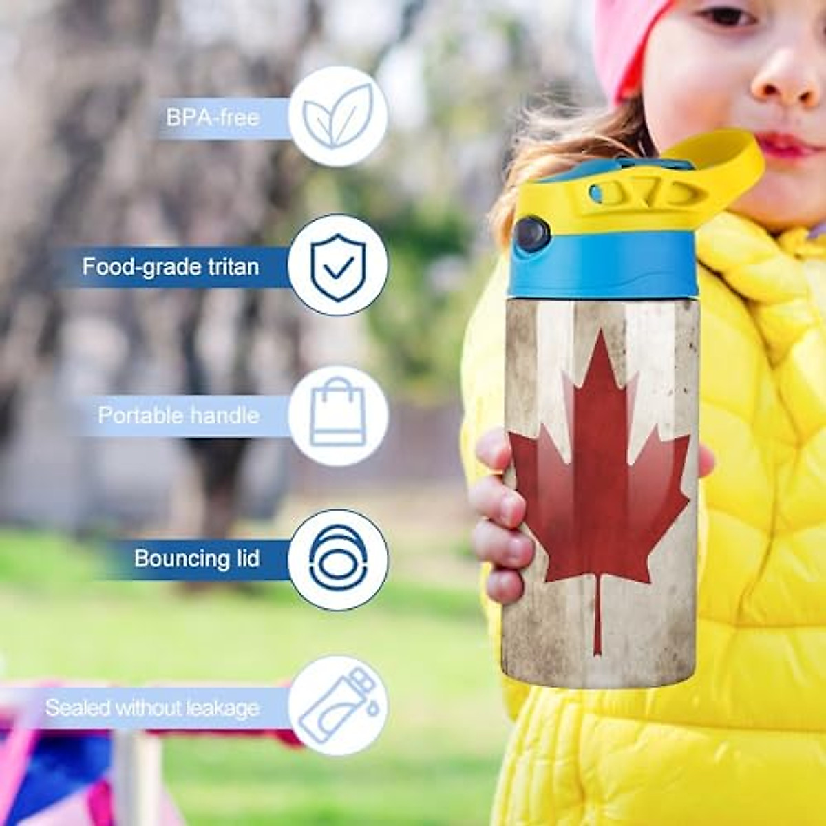 Stainless Steel Water Bottles Retro Canada Flag Travel Water Cups with Handle And Silicone Straw Drinking Cup with Leak Proof Lid Thermo Travel Mug for Women Men