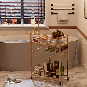 Bar Cart Rose Gold Home Bar Serving Mobile Cart, 2 Tiers Wine Cart with Wine Rack and Glass Holder, Modern Rolling Alcohol Wine Cart, Wine Holders for Home Kitchen Dining Living Room and Party Copper