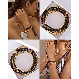 Gold Beaded Bracelets for Women Stackable Gold Bracelets for Women 14K Gold Plated Stretch Bead Ball Bracelet Hypoallergenic Bohemian Bracelets