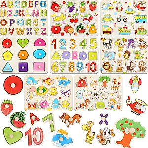 8 Set Wooden Peg Puzzles for Toddlers 2-4 Years Alphabet Number Animal Vehicles Puzzles Board for Kids Educational Learning Puzzles Toys for Children Babies Boys Girls (Lovely)