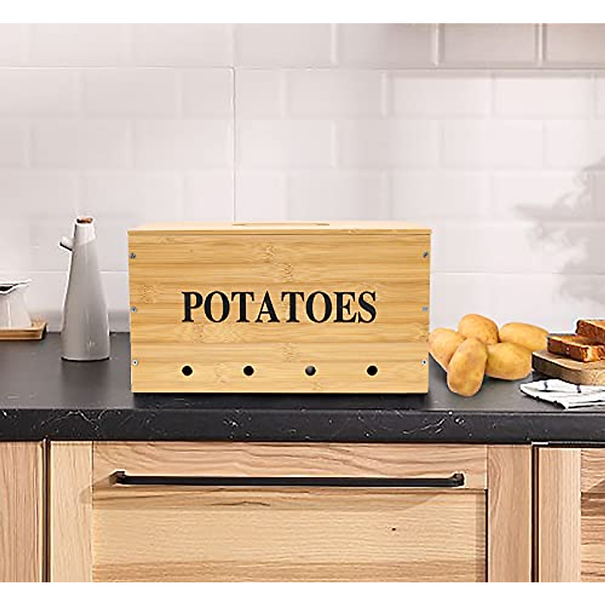 Xbopetda Potato Storage, Bamboo Storage Bin for Potato, Kitchen Storage Canister with Wooden Lid & Aerating Storage Holes - Kitchen Pantry Organizer Box Fruit Vegetable Fresh Keeper (Needed Assemble)