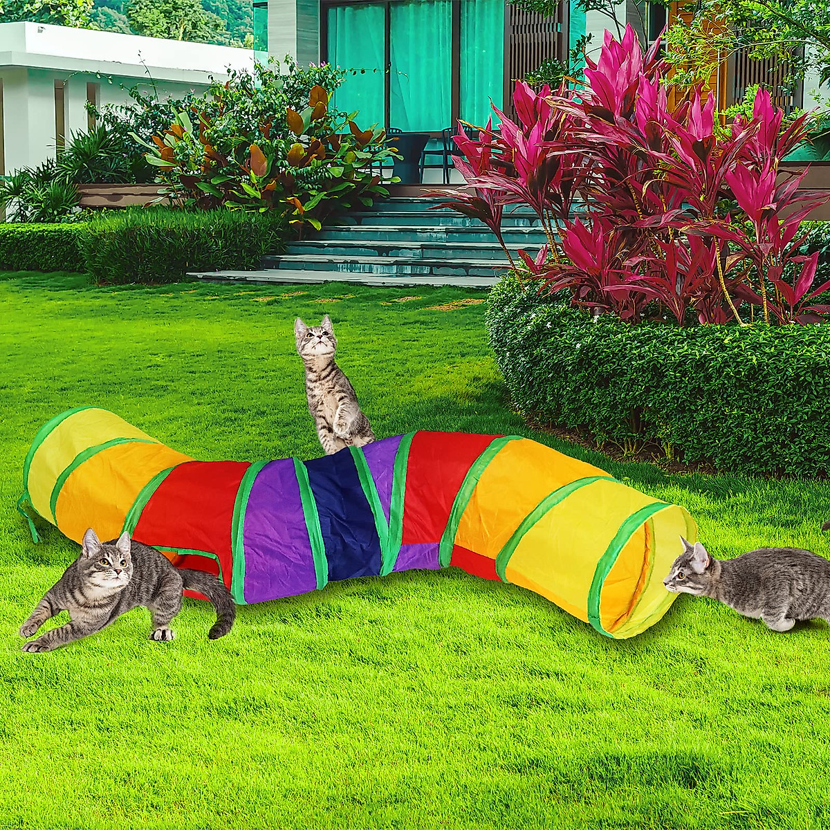 Bemodst Cat Tunnel for Indoor Cats Large,Cat Tubes and Tunnels Collapsible S-Shape Cat Tubes Kitty Tunnels Interactive Cat Toy with Storage Bag for Cat Small Dogs Ferret Rabbit (Colored 2-Way)