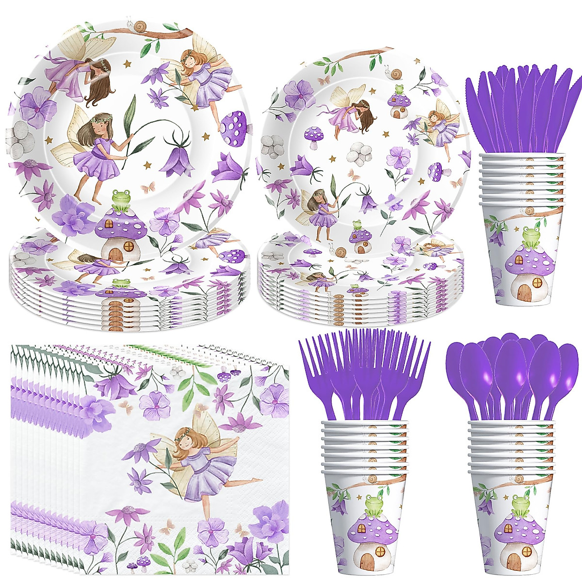Xenorik Fairy Party Decorations Tableware - Purple Fairy Birthday Party Supplies, Paper Plate, Cup, Napkin, Cutlery, Flower Fairies Princess Enchanted Forest Garden Baby Shower Decorations | Serve 24
