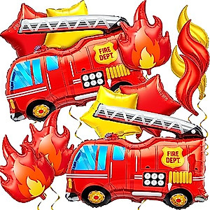 Glimin 18 Pcs Fire Truck Balloons Set 4 Aluminum Foil Flame Balloon, 2 Fire Truck Firefighter Balloon, 6 Fire Balloons, 6 Star Balloons for Rescue Themed Decoration Firefighter Birthday Party Supplies