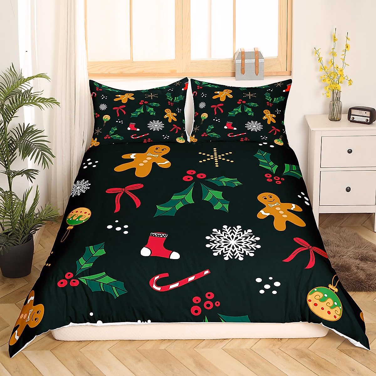 Erosebridal Merry Christmas Duvet Cover Twin,Cartoon Gingerbread Man Bedding Set for Kids Boys Girls,Sprig of Holly Floral Comforter Cover,Xmas Ball Bed Sets with 1 Pillowcase