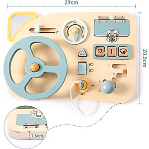 TEUVO Montessori Toy Steering Wheel Wooden Busy Board Wooden Sensory Toys for Toddlers, Dashboard Board 3 Preschool Learning Activities for Fine Motor Skills Travel, Gifts for Kids Aged 3 4 5 6 7