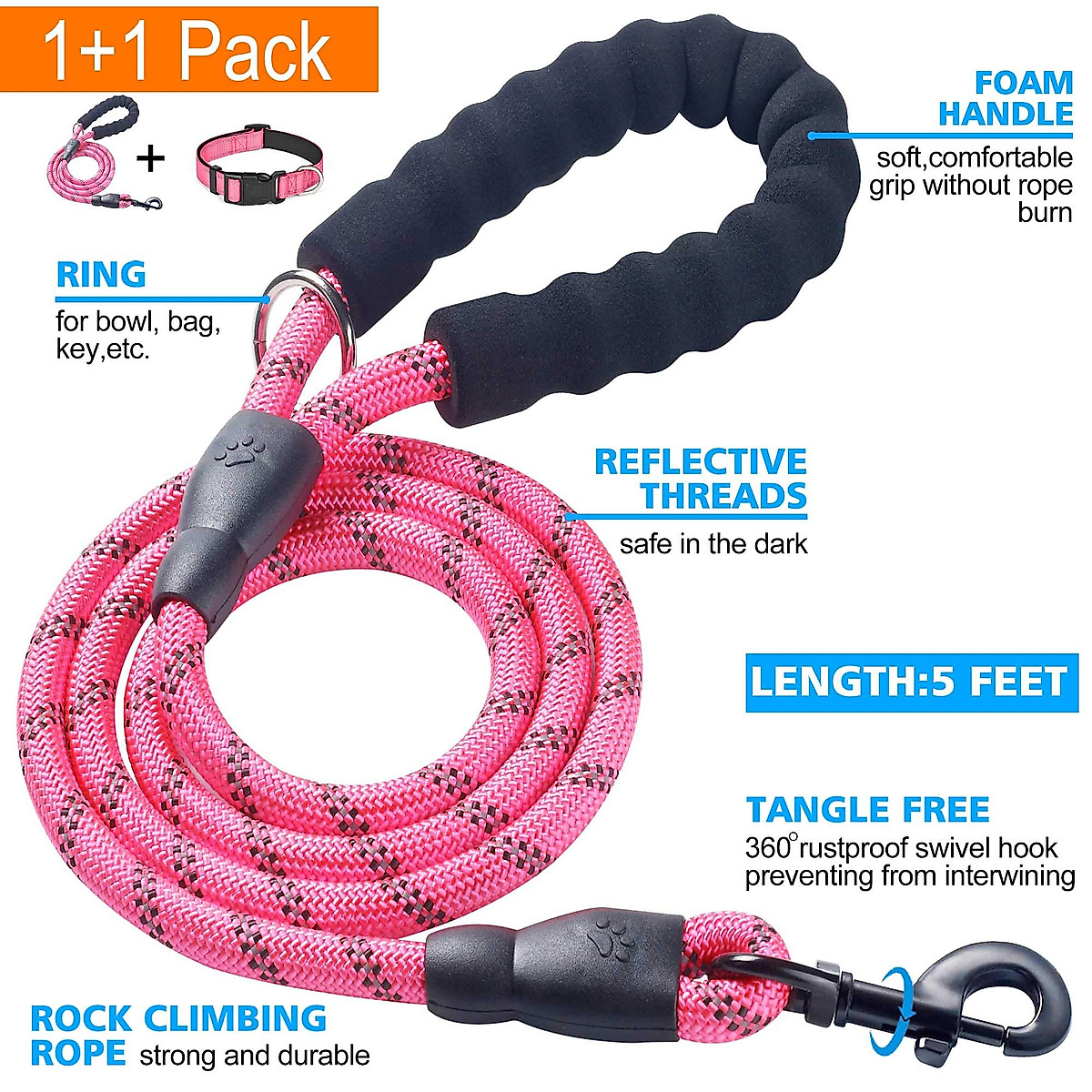 Ladoogo Reflective Dog Collar Padded with Soft Neoprene Breathable Adjustable Nylon Dog Collars for Small Medium Large Dogs (Large (Pack of 1), Pink Collar+Leash)