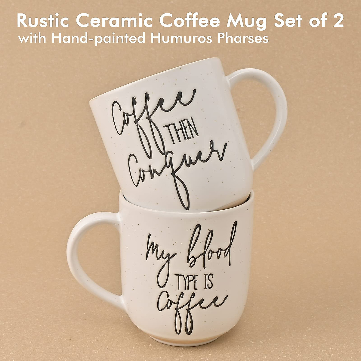 Taimei Teatime 14.5 oz Ceramic Coffee Mug Set of 2, My Blood Type is Coffee & Coffee Then Conquer Coffee Cup Sets, Mugs Gift Set for Couple & Coffee Lovers, Dishwasher and Microwave Safe